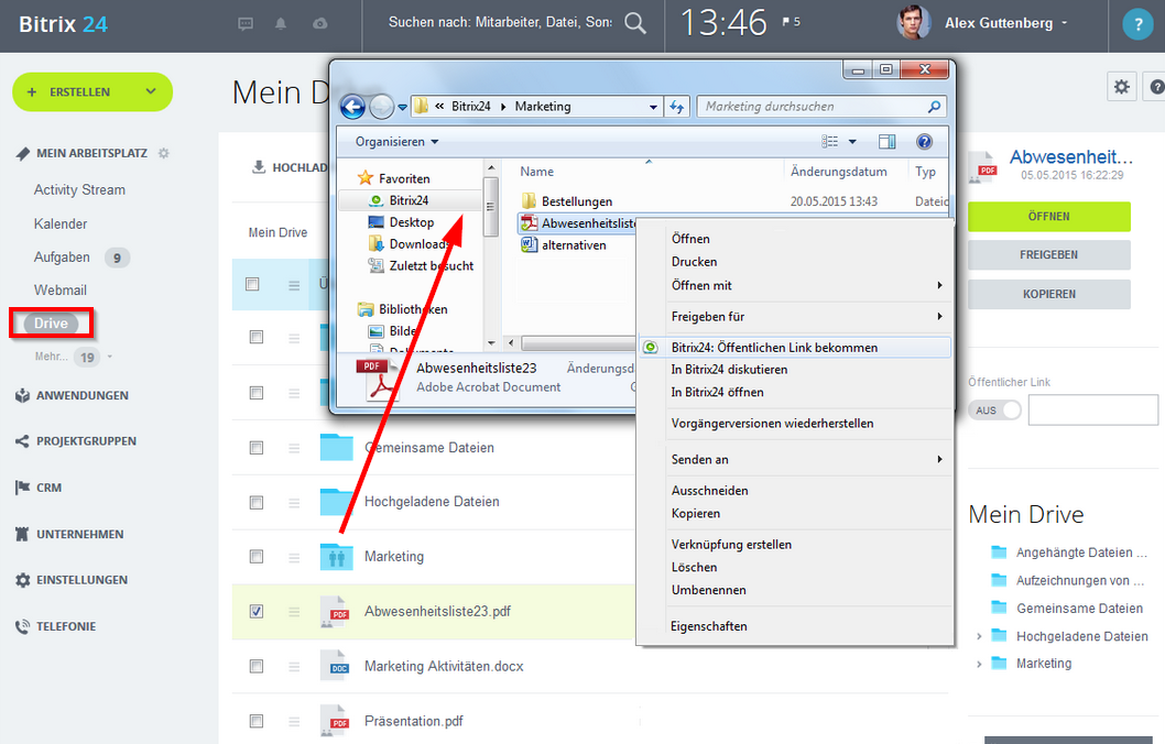 BITRIX Drive – gemeinsame Arbeit an Dokumenten